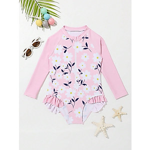 SweatyRocks Girl's Cute Floral Print Long Sleeve Mock Neck Zip Front One Piece Monokini Swimsuit Blue 6Y