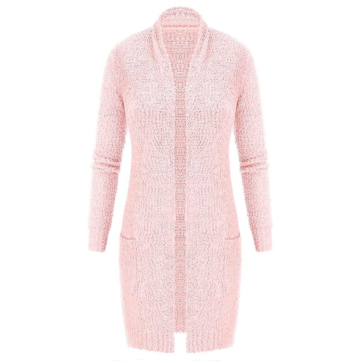 GRACE KARIN Long Cardigan Sweater for Women Fuzzy Chunky Knit Pink Sweater Soft Fleece Popcorn Cardigan Light Pink L