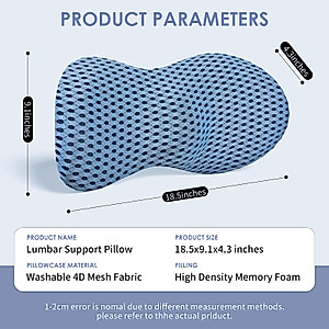 kasney Lumbar Support Pillow Ergonomic Memory Foam, Relieve Back Pain, CMFY Breathable & Detachable & Washable, Perfect for Office Chairs, Car Seats, Beds (Blue)
