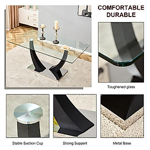 Glass Dining Table Set for 6, 6-Piece Modern Kitchen Table and Chairs Set with Tempered Glass Table and 6 Pcs PU Leather Chairs, Large Dining Room Table Set for Kitchen Dining Room (67" Black Table)