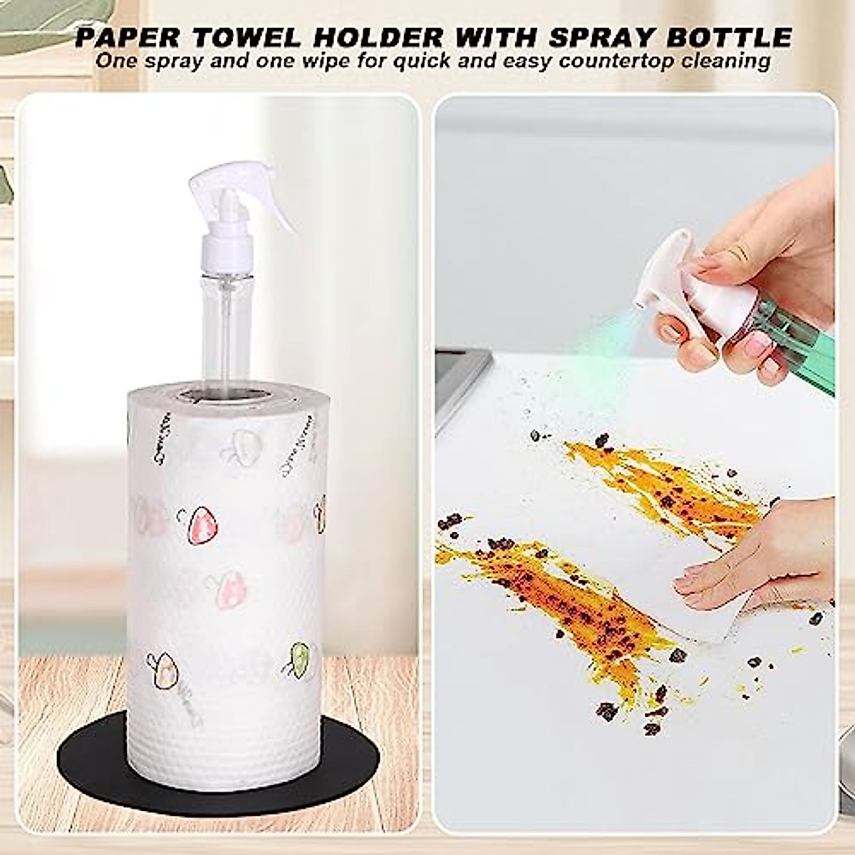Paper Towel Holder with Spray Bottle, Stainless Steel Countertop Paper Towel Holder Stand with Sprayer Inside Center One-Handed Operation Kitchen Papertowels Roller with Non Slip Weighted Base
