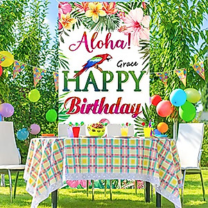Hawaiian Birthday Banner Luau Tropical Birthday Party Decorations, Aloha Happy Birthday Door Cover Personalized Flamingo Birthday Backdrop for Hawaiian Themed Birthday Party Supplies with A Gift Pen