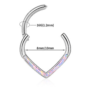 16G Teardrop Purple Opal Septum Clicker Ring Daith Earrings Septum Jewelry Conch Hoop Hinged Segment Ring Silver Surgical Steel Nose Hoop Conch Rook Tragus Helix Earrings Piercing Jewelry 8mm