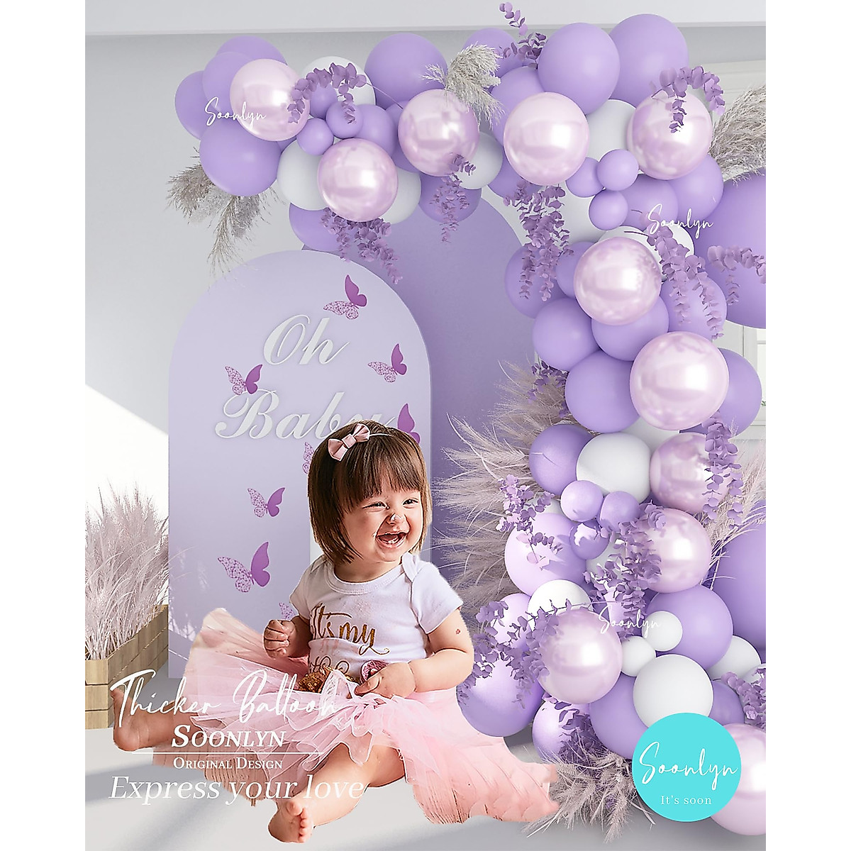Soonlyn Purple Balloon Arch Kit 12ft 12In Lavender Butterfly Balloon Arch Garland Kit 12pcs Butterfly Stickers Female Gift for Birthday,Wedding,Bridal Shower