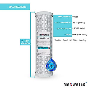 Max Water CTO 5 Micron, 10" x 2.5" Replacement Filter Cartridge, Coconut Shell Carbon Block for Whole House Water Filtration System and Standard RO (Reverse Osmosis) Filters - Pack of 25