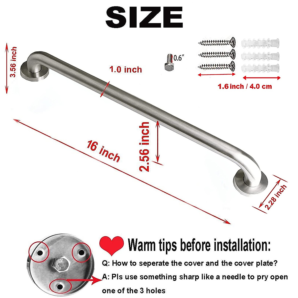 2 Pack 16 Inch Shower Grab Bar Satin Brushed Nickel, ZUEXT Stainless Steel Safety Grab Bar Handle, Bathroom Balance Bar, Safety Hand Rail Support - Handicap, Elderly, Injury, Senior Assist Bath Handle