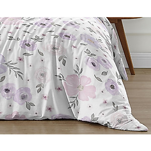 Sweet Jojo Designs Lavender Purple, Pink, Grey and White Shabby Chic Watercolor Floral Girl Twin Kid Childrens Bedding Comforter Set - 4 Pieces - Rose Flower