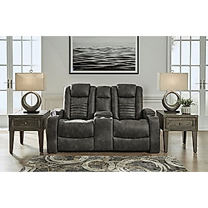Signature Design by Ashley Soundcheck Contemporary Faux Leather Tufted Power Reclining Loveseat with Control and Adjustable Headrest, Gray