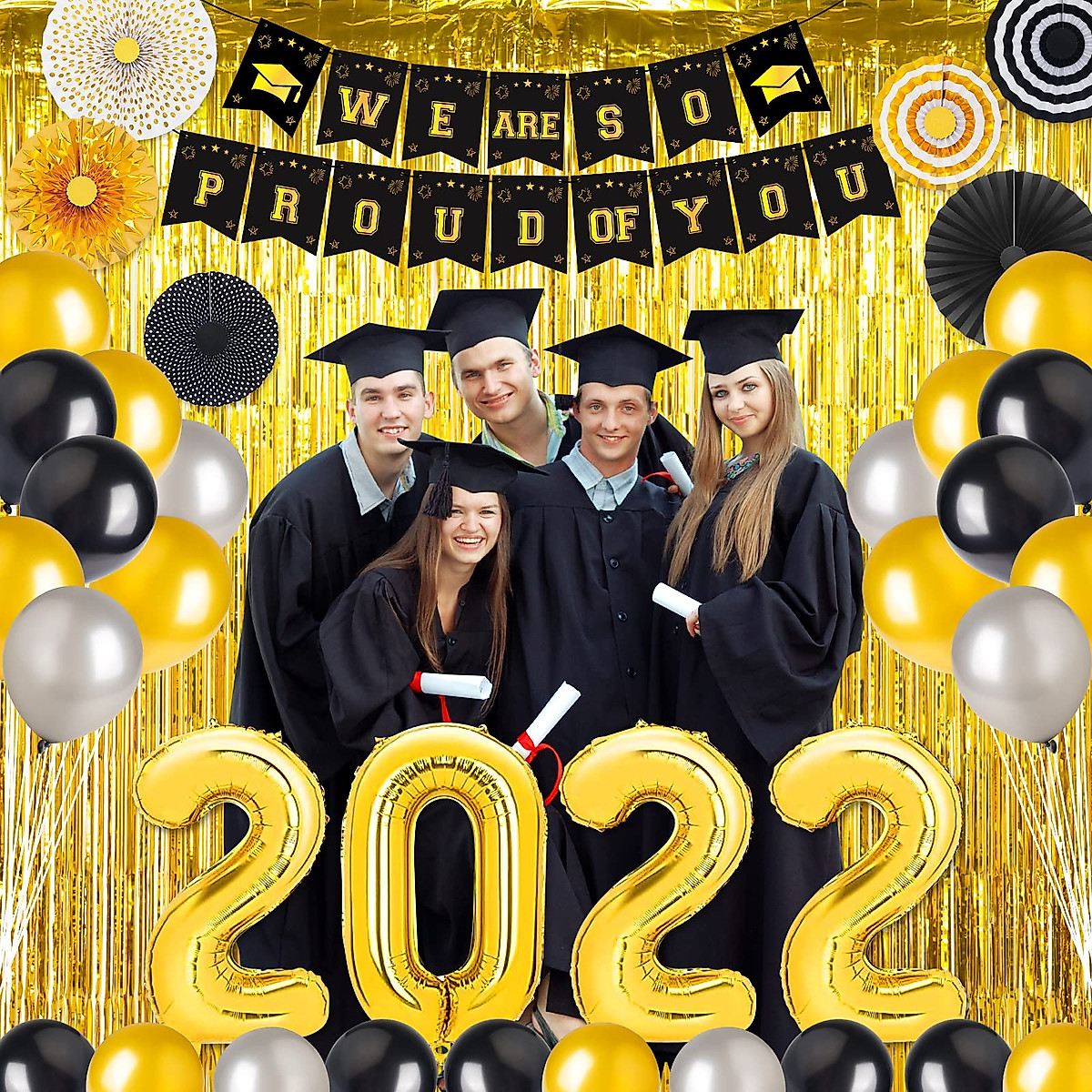 2022 Graduation Decorations kit -black and gold Graduation Party Decorations Supplies,Congrats Grad Banners,Balloons, Porch Sign,Foil Curtains,Huge 2022 School Graduation Party Set,48 Pcs