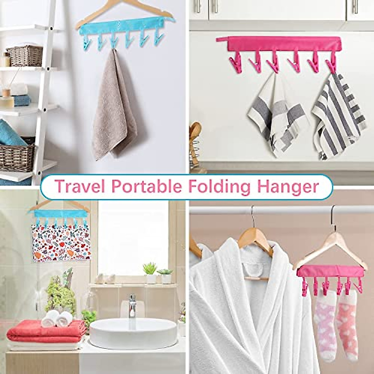 Pansyling 4PCS Foldable Travel Hanger Cloth Hanger Bathroom Towel Rack Clothespin Easy-to-Pack Laundry Clips Clothesline Portable Drying Hanger with 6 Clips for Socks Towels Underwear, Blue