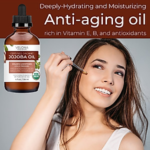 velona Jojoba Oil USDA Certified Organic - 4 fl oz (With Dropper) | Golden, Unrefined, Cold Pressed | Hexane Free