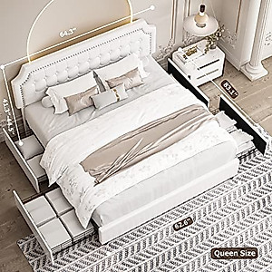 Queen Bed Frame with Storage and Adjustable Headboard, Bed Frame with 4 Drawers and Wooden Slats Support, No Box Spring Needed, Noise-Free, Pu, White