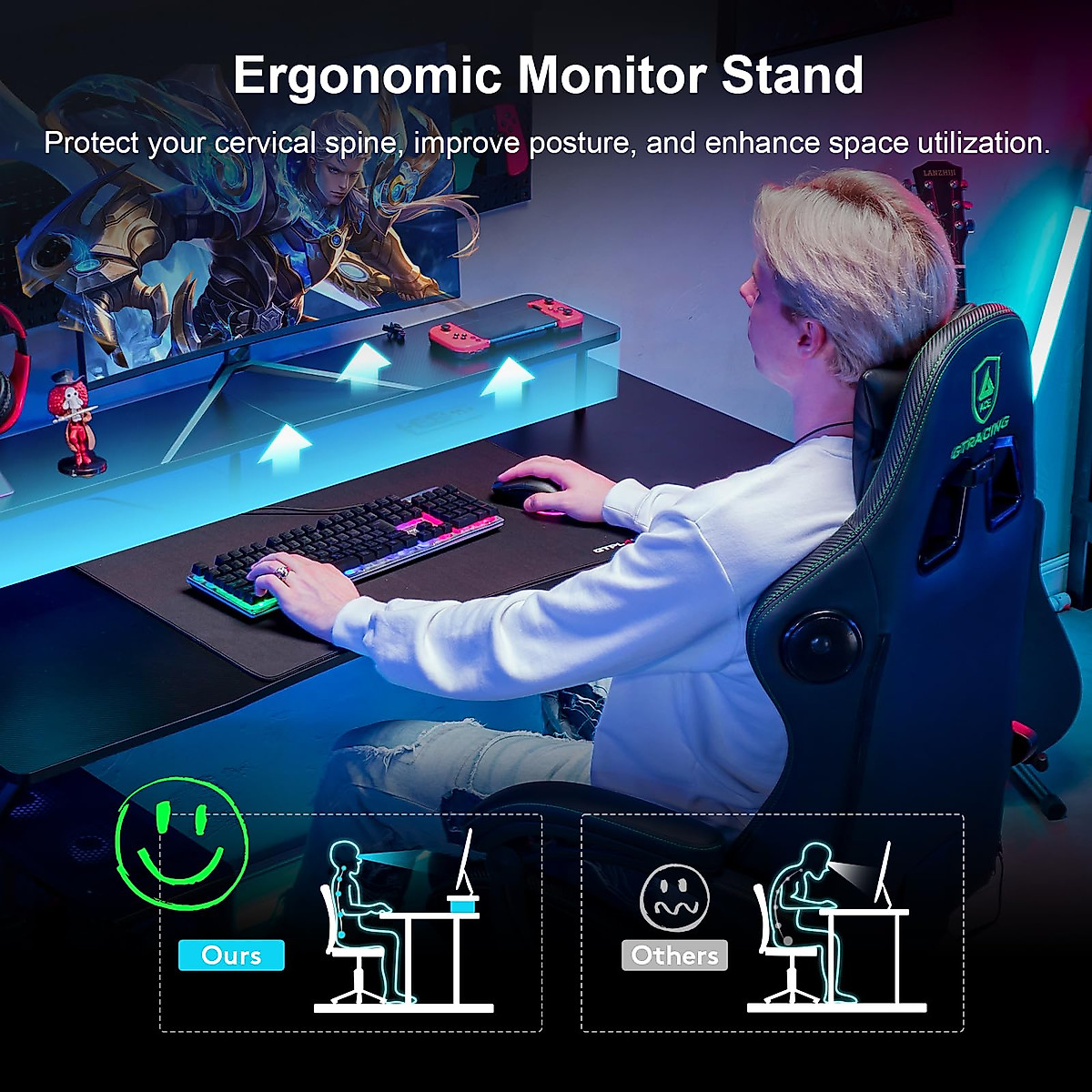 GTRACING 55 Inch Gaming Desk, Computer Gamer Desk with Monitor Stand, Ergonomic Carbon Fiber Surface Gaming Table with Power Outlet and Mouse Pad for Home Office, RGB