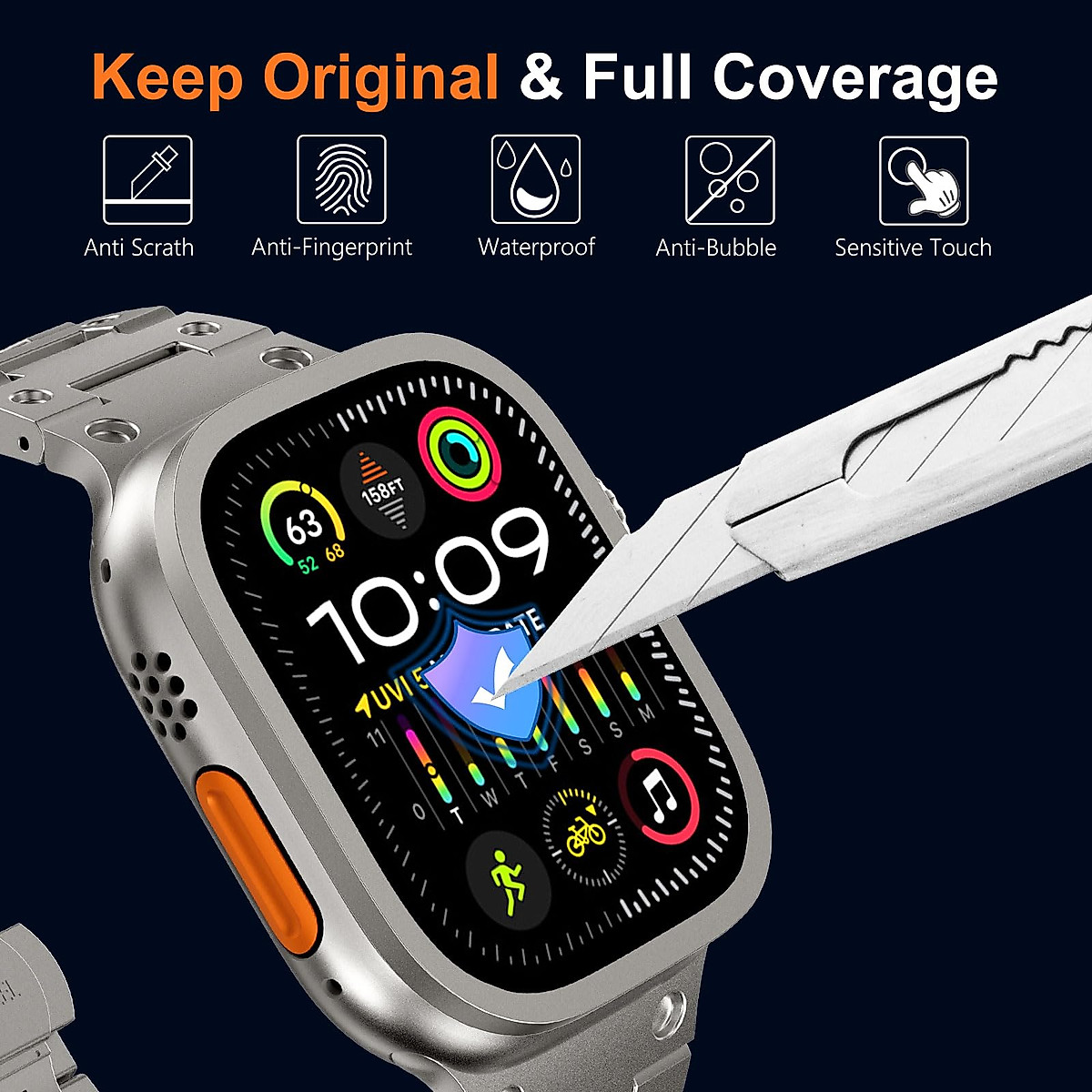 WINGLE 2-Pack for Apple Watch Ultra Screen Protector 49mm Case, 9H Tempered Glass + Titanium Alloy Frame [Keep Original] [Sensitive Touch] Protective Glass Film for iWatch Ultra,Original + Orange