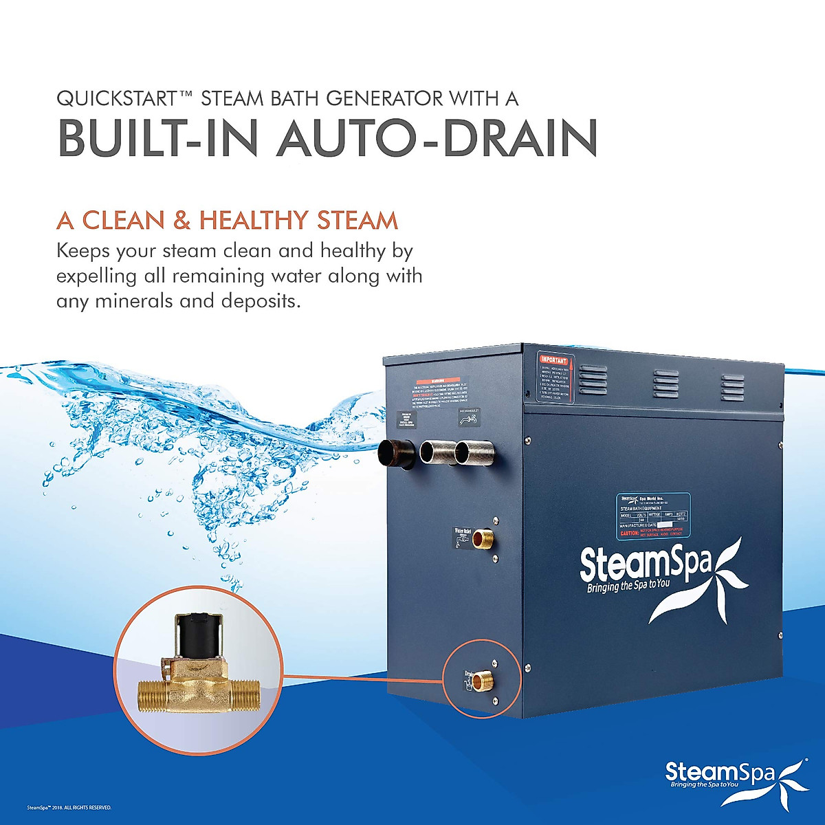 SteamSpa 12kW Steam Sauna Generator Premium Bundle 240V Steam Generator with Touch Pad Control, Steamheads, Pressure Relief Valve, Built-in Auto Drain and Plumber Quick Install Kit PRT1200BN-A