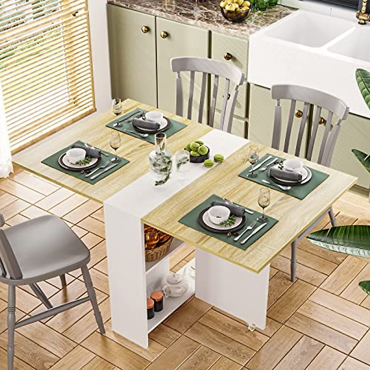 Tiptiper Folding Dining, Versatile Dinner Table with 6 Wheels and 2 Storage Racks, Space Saving Kitchen, Dining Room Table, 31.5 in x 51.2 in x 28.4 in, Pear Wood Color and White