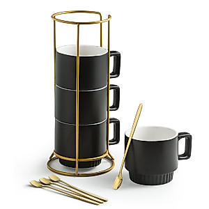 Miamolo Stackable Coffee Mugs with Stand, 11oz Ceramic Latte Cup Set of 4 for Espresso Cappuccino Tea Hot Cocoa, Dishwasher & Microwave Safe, Black