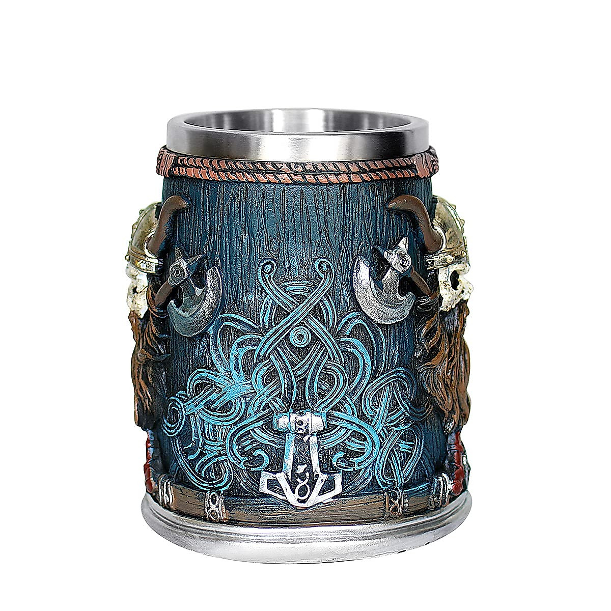 OTARTU Valhalla Viking Stainless Steel Single Handle Horn Skull Beer Stein Cup, Nordic Viking Warrior Skull Mug Tankard 17oz, Halloween Bar Drinkware Men’s Gift