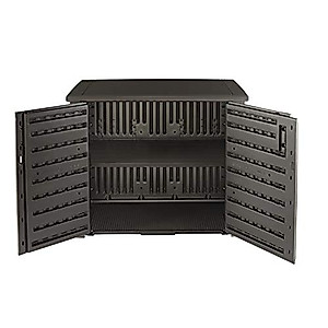 Rubbermaid Extra Large Decorative Patio Storage Cabinet, Weather Resistant, 123 Gal., Dark Teakwood, for Garden/Backyard/Home/Pool