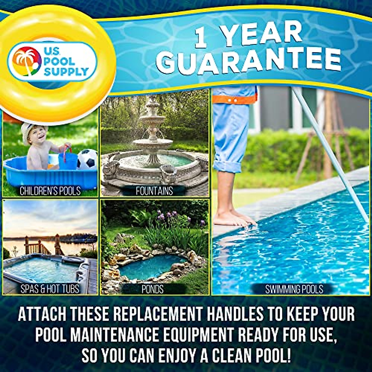 U.S. Pool Supply 2 Premium Pool Vacuum Head Replacement Handles - Sturdy Plastic Handles with Butterfly V Clips & Locking Pins - EZ Clips, Attach to Pool Accessories & Standard 1-1/4" Telescopic Poles