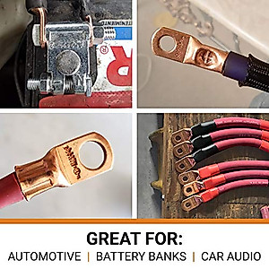 SELTERM 25pcs 1 AWG 1/4" Stud Battery Lugs, Ring Terminals, Heavy Duty Copper Wire Lugs, Battery Cable Ends, 1 Gauge Ring Terminal Connectors, UL Bare Copper Eyelets Electrical Battery Cable Lugs