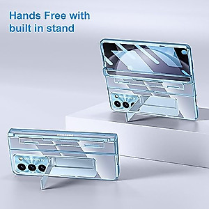 Libeagle Compatible with Samsung Galaxy Z Fold 5 Case, Innovative Hinge Protection, Detachable Fold 5 New Slim S Pen (2023) Slot, Non-Yellow Clear Back, Screen Protector, Stand Cover 5G 2023, Blue