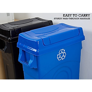 United Solutions 23 Gallon Highboy Plastic Recycling Bin Kitchen Trash Can with Lid, Pass Through Handles, and Dustpan Edge, Blue