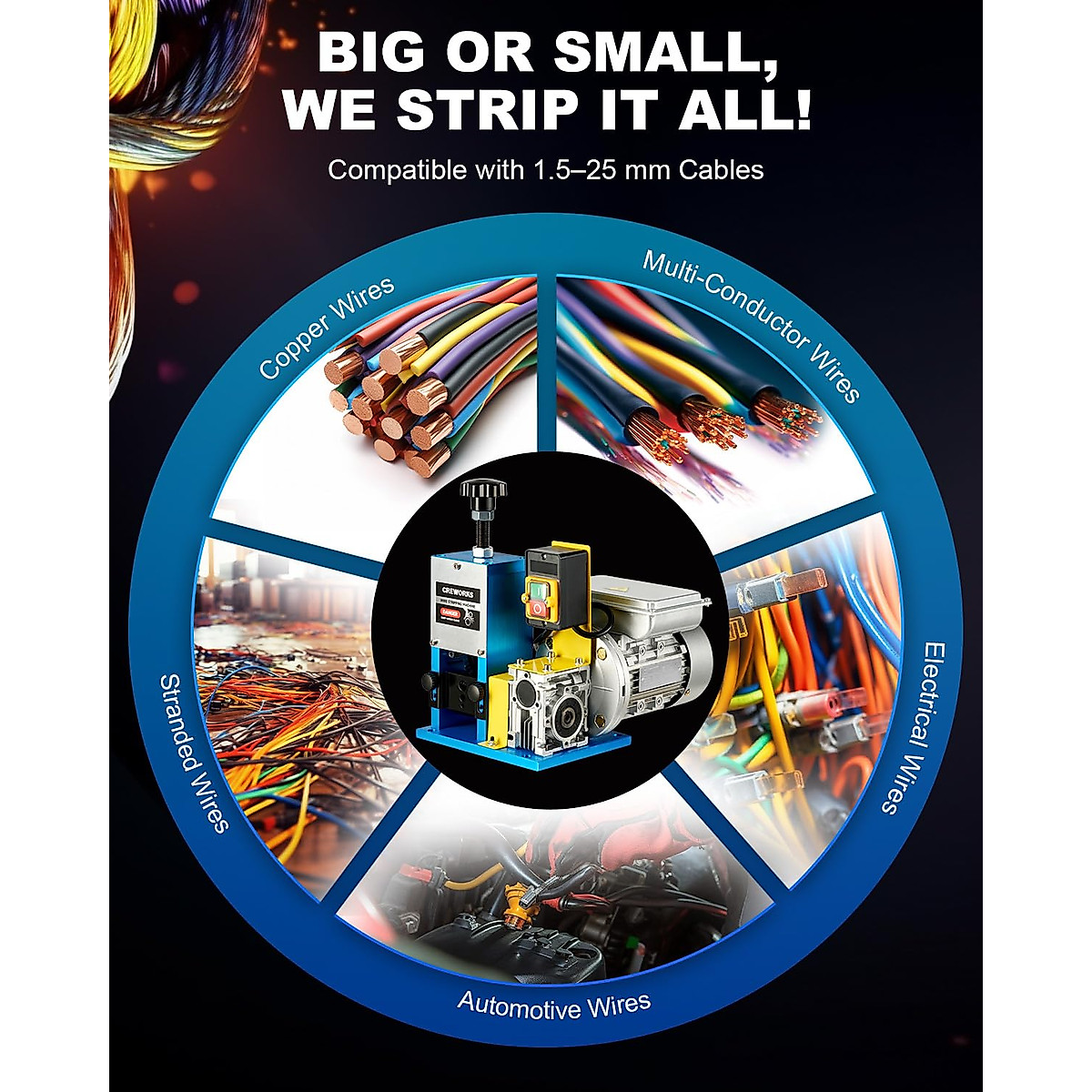 CREWORKS Automatic Wire Stripper Machine for 0.04"-1.2" Copper Wires, Portable Cable Stripping Tool for 11/0-18 AWG Scrap Wires, Speed Adjustable Cable Stripper for DIY Home Improvement Recycling More