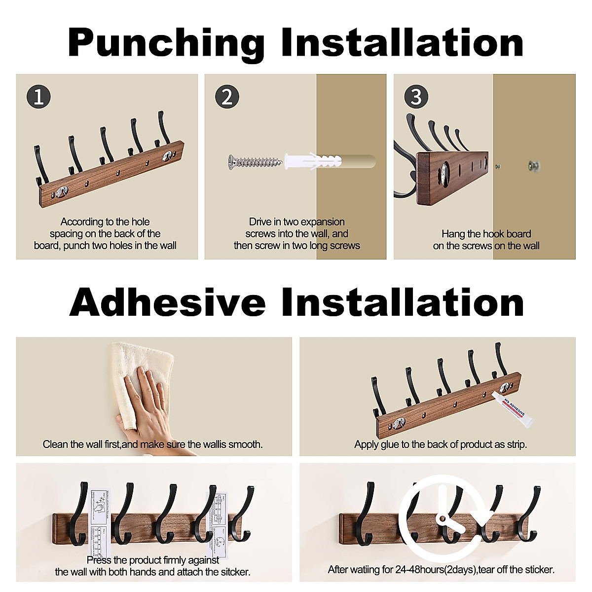 LECHYN 17.3" Small Wooden Coat Rack Wall Mount with 5 Hooks, Entryway Wall Hooks Coat Hanger for Hanging Towel Jacket Clothes Hat Backpack Shoe Purse Key Holder Multi Hook Rail by Black Walnut Wood