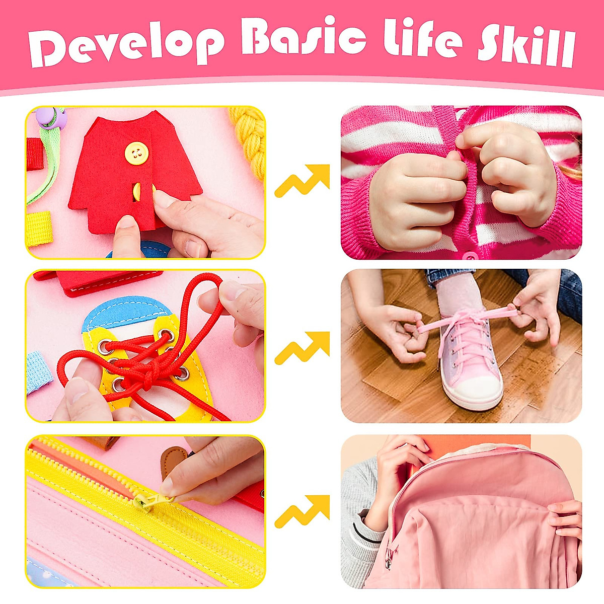 NiToy Busy Board, 19-in-1 Toddler Montessori Toys Ages 3-5, Fine Motor Skills Toys for Preschool Activity Sensory Learning Toys, Pink