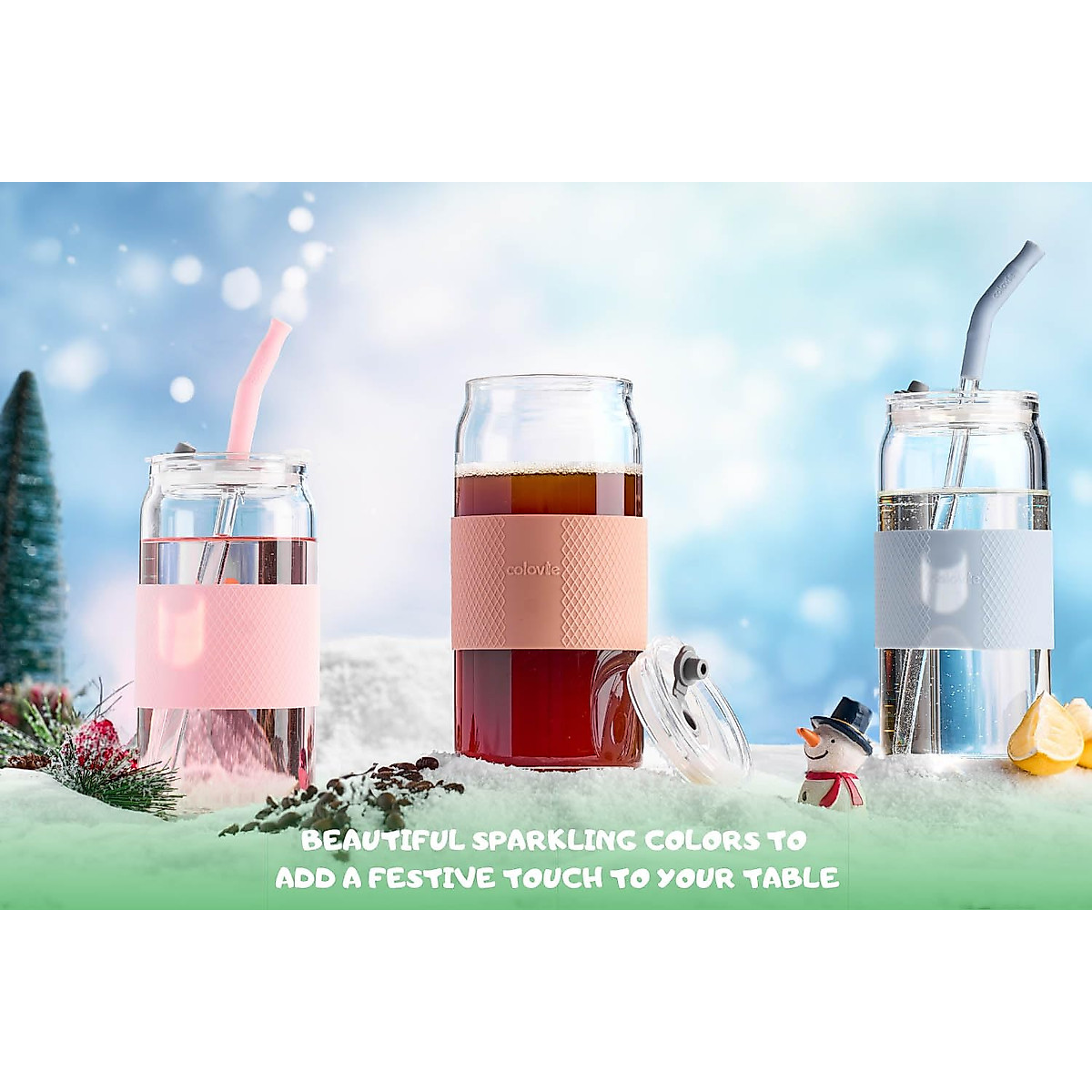 ColoVie 20oz Mixed Drinking Glasses with 6 Colors, Thicken Reusable Glass Tumblers with Lids and Straws, Removable Silicone Sleeve for Hot or Iced Drinking, Unique Colorful Glass Cups