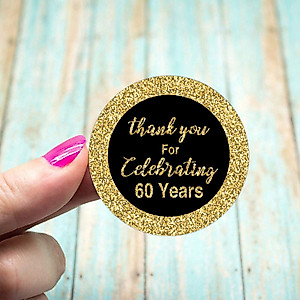 60th Birthday Thank You Stickers, Black and Gold 60th Birthday Favors, 60th Birthday Stickers, Anniversary Party Decorations, 1.75 Inch Round Circle Label Stickers, Pack of 50.