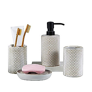 Kendiis Bathroom Accessories Set 4 - Ceramic Bathroom White Accessory Completes with Soap Dispenser, Toothbrush Holder, Tumbler, Soap Dish - Modern Decor, Bathroom Home Decor, Countertop Organize
