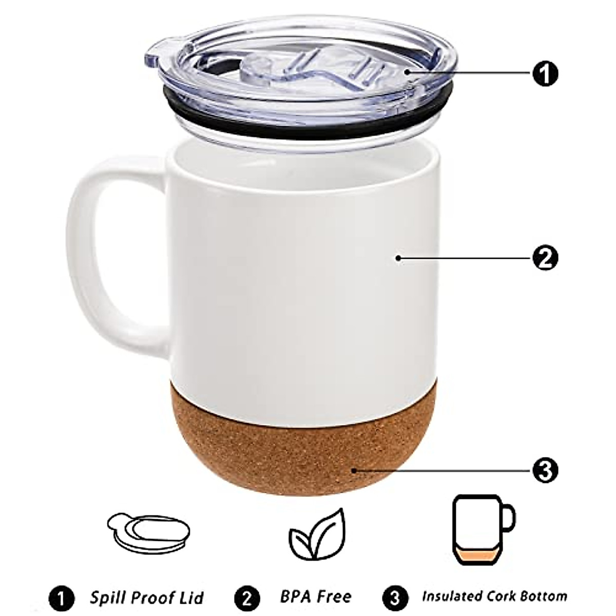 SOUJOY Set of 4 Cork Base Coffee Mug, 13oz Ceramic Mug with Insulated Cork Bottom and Spill proof Lids, Tea Mug Gift Set for Women Men