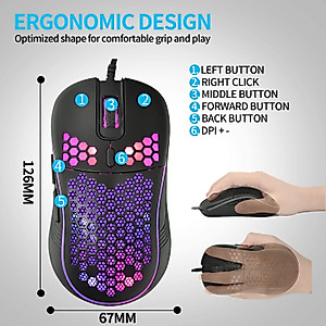 Honeycomb Wired Gaming Mouse, RGB Backlight and 7200 Adjustable DPI, Ergonomic and Lightweight USB Computer Mouse with High Precision Sensor for Windows PC & Laptop Gamers (Black)