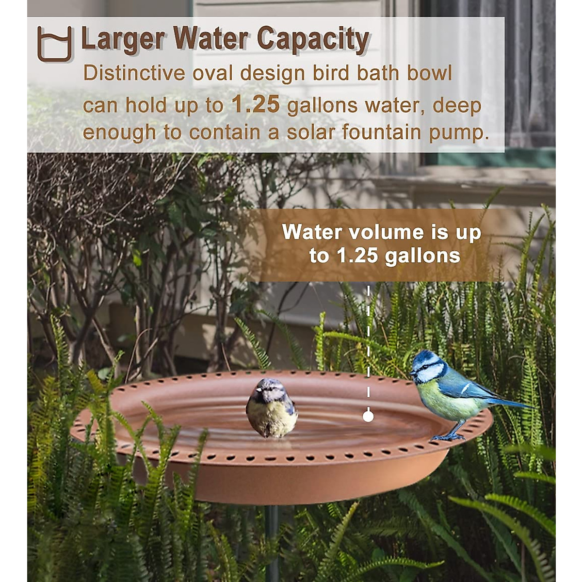 Garbuildman Upgraded 5-Prong Base Bird Bath with Metal Stake, Detachable Decoration Bowl Spa & Freestanding Birdfeeder for Outdoor Garden, Oval Style, Brown