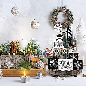 FairySandy 15 Pcs Winter Tiered Tray Decor Set Black and White Snowflake Table Wood Decoration Snowman Wooden Sign Rustic Farmhouse Coffee Bar Signs Winter Tray Decor for Home Xmas Holiday Tabletop