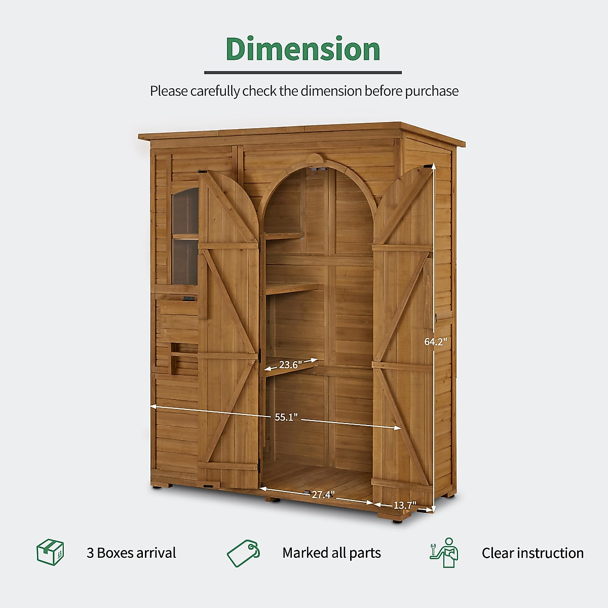 MCombo Outdoor Storage Cabinet, Outside Wooden Storage Cabinet with Waterproof Asphalt Roof and 3 Shelves, Tall Tool Shed with 1 Foldable Table for Yard, Garden, Patio, Lawn 1815