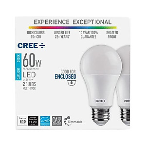 Cree Lighting Exceptional Series A19 Bulb, 5000K Dimmable LED Bulb, 60W + 815 Lumens, Daylight, 2 Pack