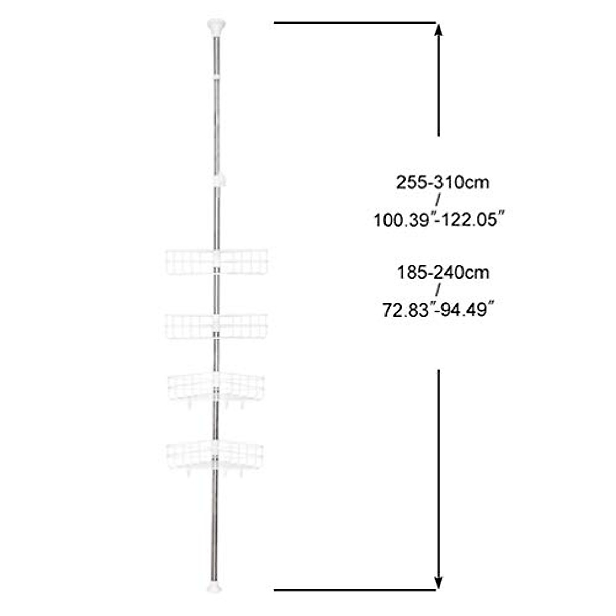 BAOYOUNI 4 Tier Shower Caddy Tension Pole Corner Bathroom Organizer Shelf Shampoo Holder Basket Bathtub Storage Rack Floor to Ceiling Adjustable Stand Space Saver - No Drilling - White