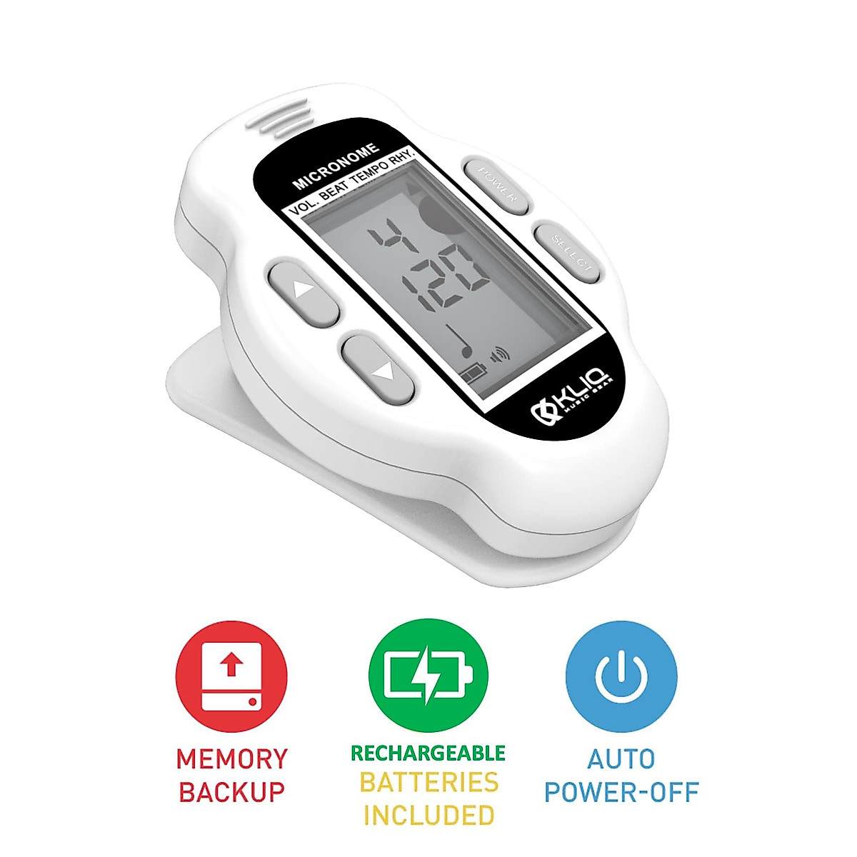 KLIQ MicroNome - Mini Rechargeable Digital Metronome - with Speaker (Digital Volume, Beat and Tempo Adjustment) Designed for use with Piano, Guitar, Saxophone, Flute, Violin, Drum (White)