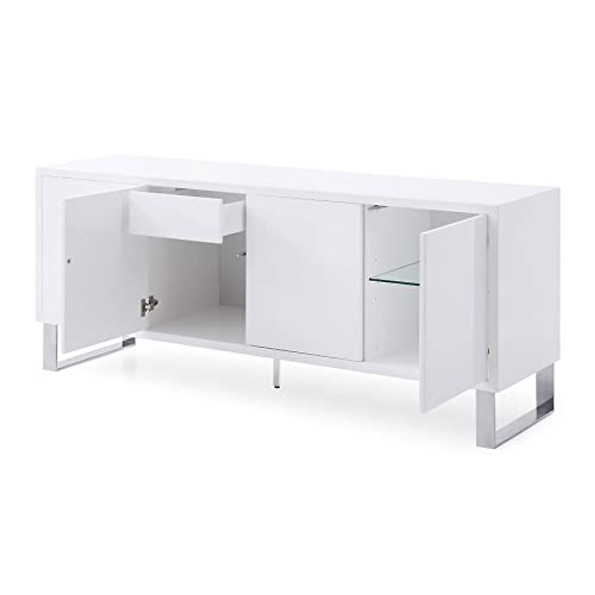 Zuri Furniture Modern Neve Sideboard in White High Gloss Lacquer with Polished Stainless Steel Legs