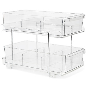 2-Tier Clear Organizer - Pull-Out Kitchen Pantry & Medicine Cabinet Storage - Bathroom Vanity Counter & Under-Sink Slide-Out Tray w/Dividers - Multipurpose Organizing Bins - Closet Container