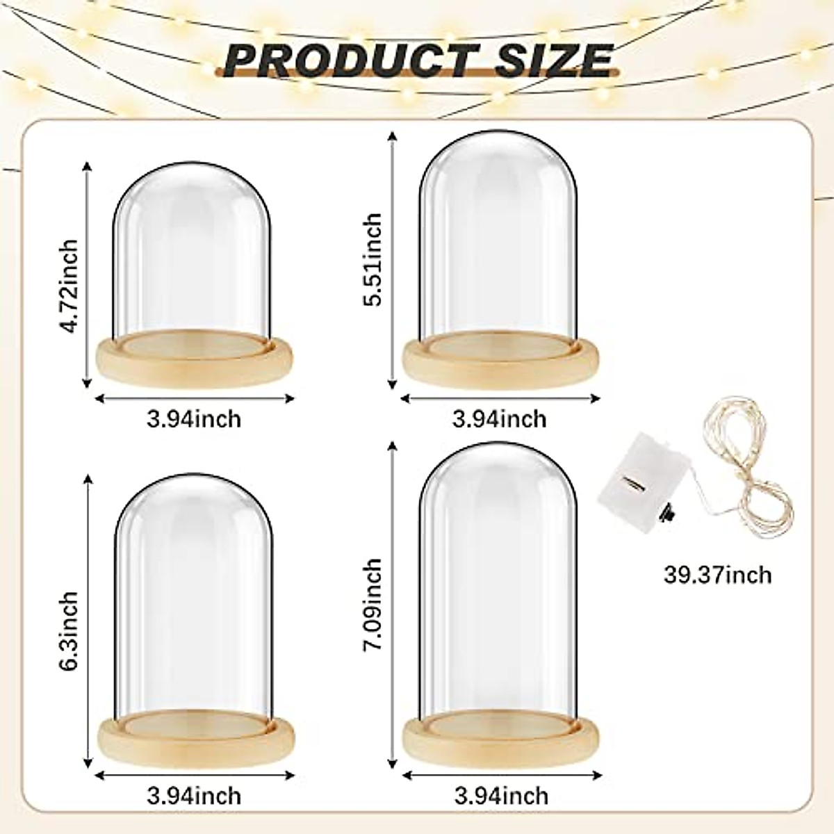 4 Pcs Clear Glass Dome Cloche with Wood Base and LED Fairy Light Set, Battery Operated Glass Cloche Glass Dome with Base Tabletop Bell Jar Display Case for Home Office Wedding Centerpiece Rose Flower