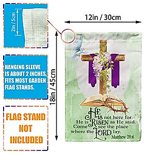 He is Risen Garden Flags 12x18inch Burlap, Easter Religious Cross Flags for Spring Holiday Yard Decorations Outdoor Matthew 28:6