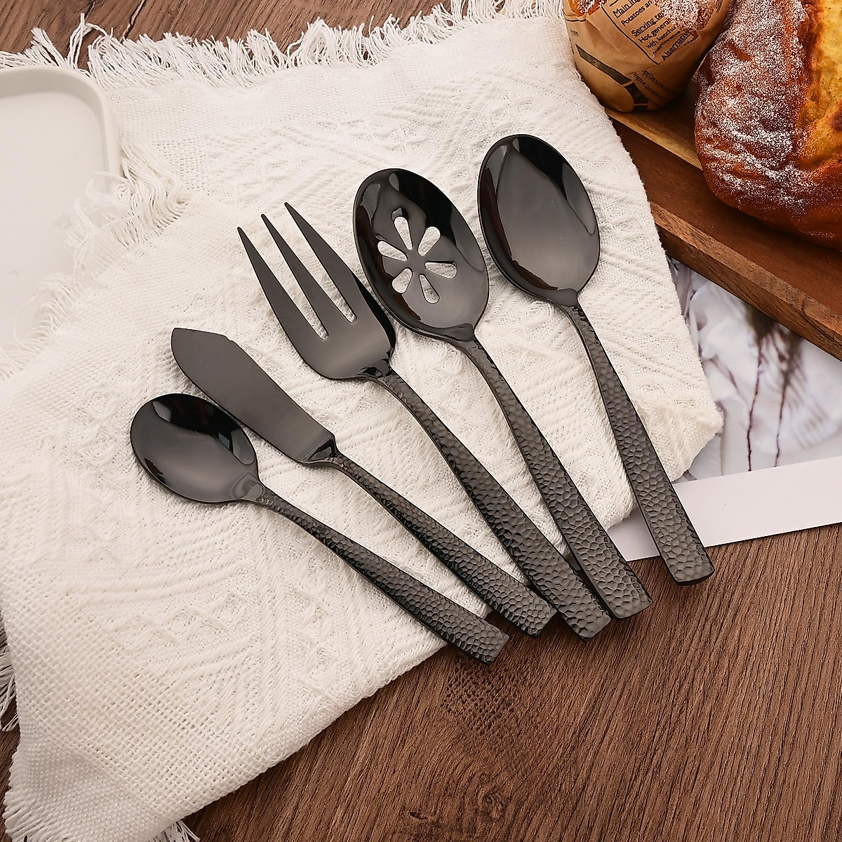 Uniturcky Serving Utensils Set, 5-Piece 18/8 Stainless Steel Hostess Serving Set, Elegant Hammered Serving Utensils for Home Restaurant and Buffet Catering, Heavy and Mirror Polished, Black