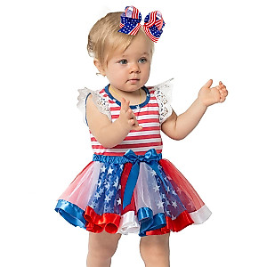 ENASGLOO Girls 4th of July American US Flag Tutu Skirts with Red White Blue Stars Necklace Patriotic Hair Bows Clips