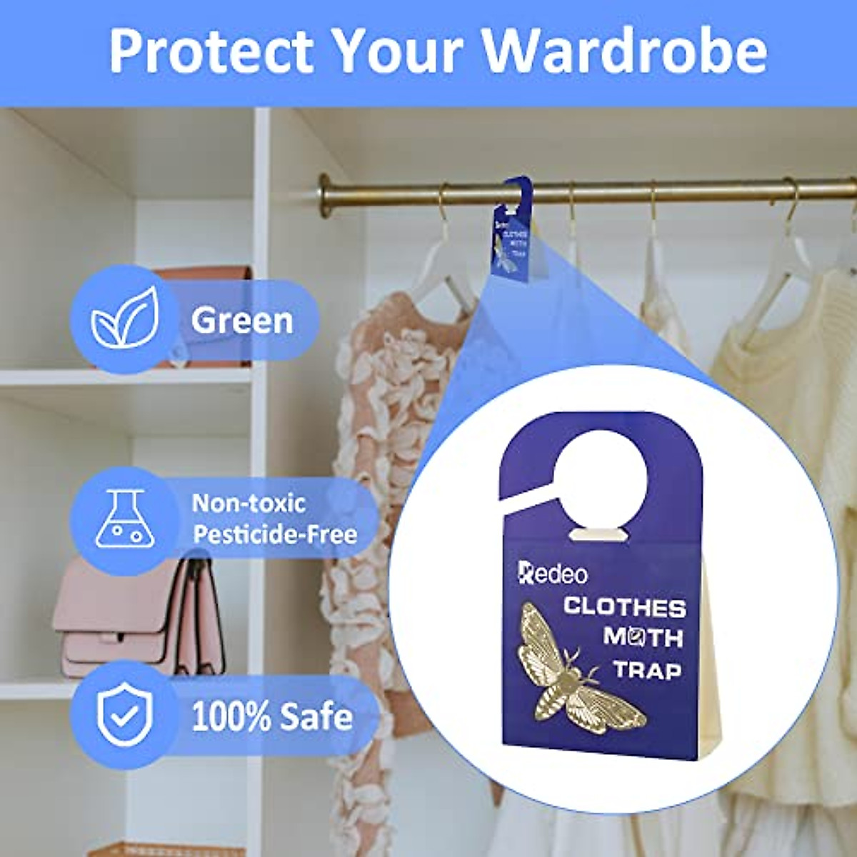 Redeo Clothes Moth Traps with Pheromones Non-Toxic and Odorless Sticky Glue Trap with Lure Clothing Moth Traps with Attractant for Closets and Carpet Indoor Moth Prevention, Safe for Kids and Pets (6)