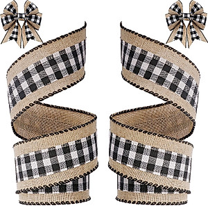 2 Rolls 12 Yards Buffalo Plaid Ribbons Burlap Wired Edge Plaid Ribbons 1.5 Inch Wide Check Gingham Fabric Craft Ribbon for Gift Wrapping DIY Bows Decoration Home Party Decor