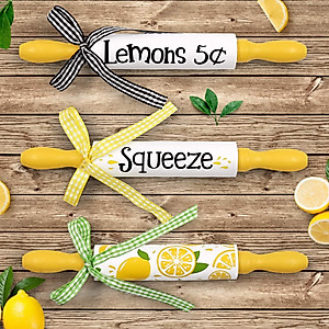 3pcs Lemon Mini Rolling Pins Wood Tiered Tray Decor Sign Rustic Black Yellow Green Buffalo Plaid Squeeze Fresh Lemonade Summer Farmhouse Lemon Kitchen Home Decor for Tray, Shelf, Centerpiece